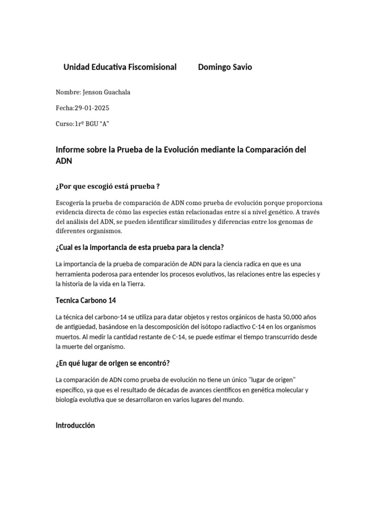 Informe Comparacion ADN | PDF | Evolución | Adn