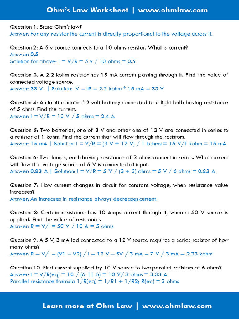 Ohms Law Practice Worksheet With Solution | PDF