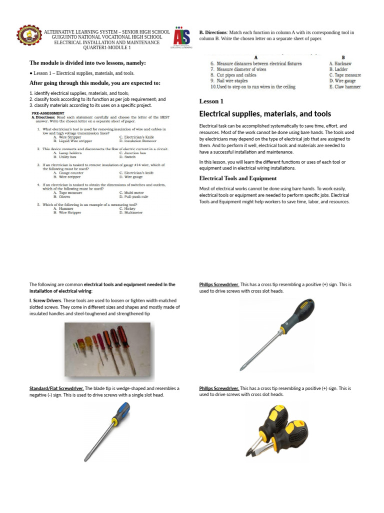 Electrical Tools and Materials Overview | PDF | Electrical Wiring ...