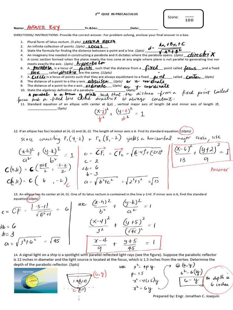 2nd Quiz in Precalculus 240820 150026 | PDF | Ellipse | Euclidean Geometry