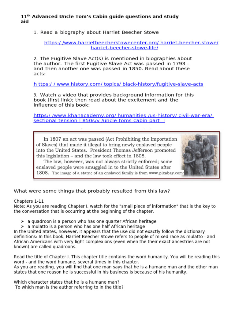 Uncle Tom's Cabin Study Questions Guide | PDF | Uncle Tom's Cabin