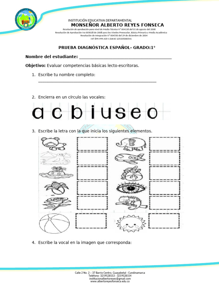 Prueba Diagnostica Español-Grado 1°-2025 | PDF | Educación de la ...