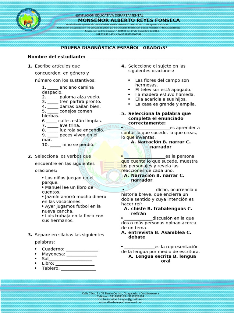 Prueba Diagnostica Español-Grado 3°-2025 | PDF
