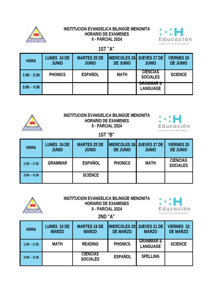 Horario de Exámenes II Parcial 2024 | PDF