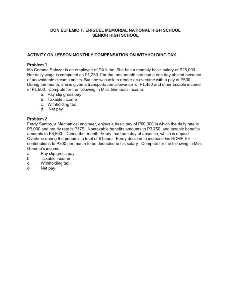 Activity On Lesson Monthly Compensation On Withholding Tax | PDF
