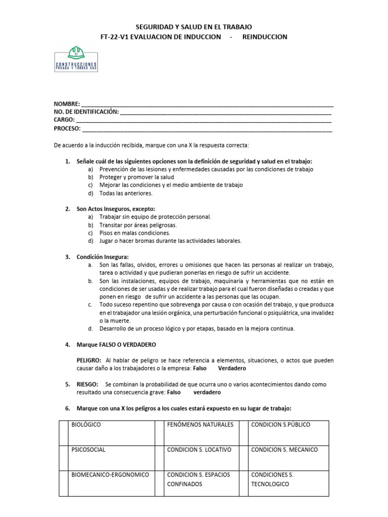 FT-22-V1. Formato Basico Evaluación Inducción SST | PDF | Riesgo