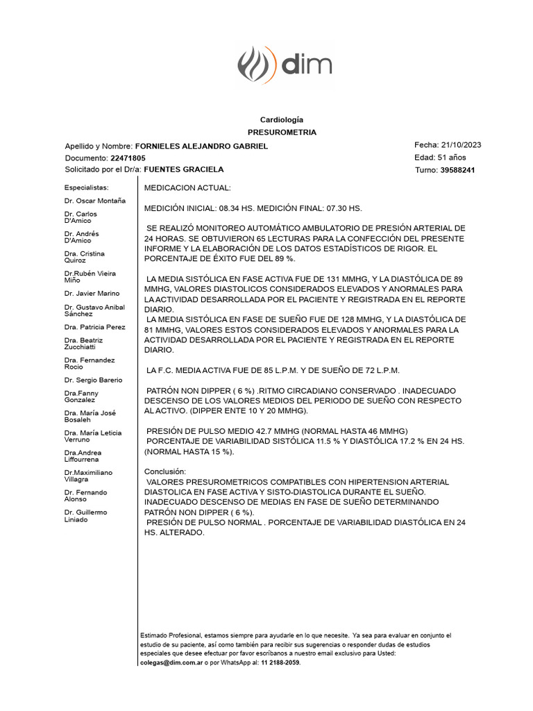 Informe Presurometría: Hipertensión y Patrón Non Dipper | PDF | Presión ...