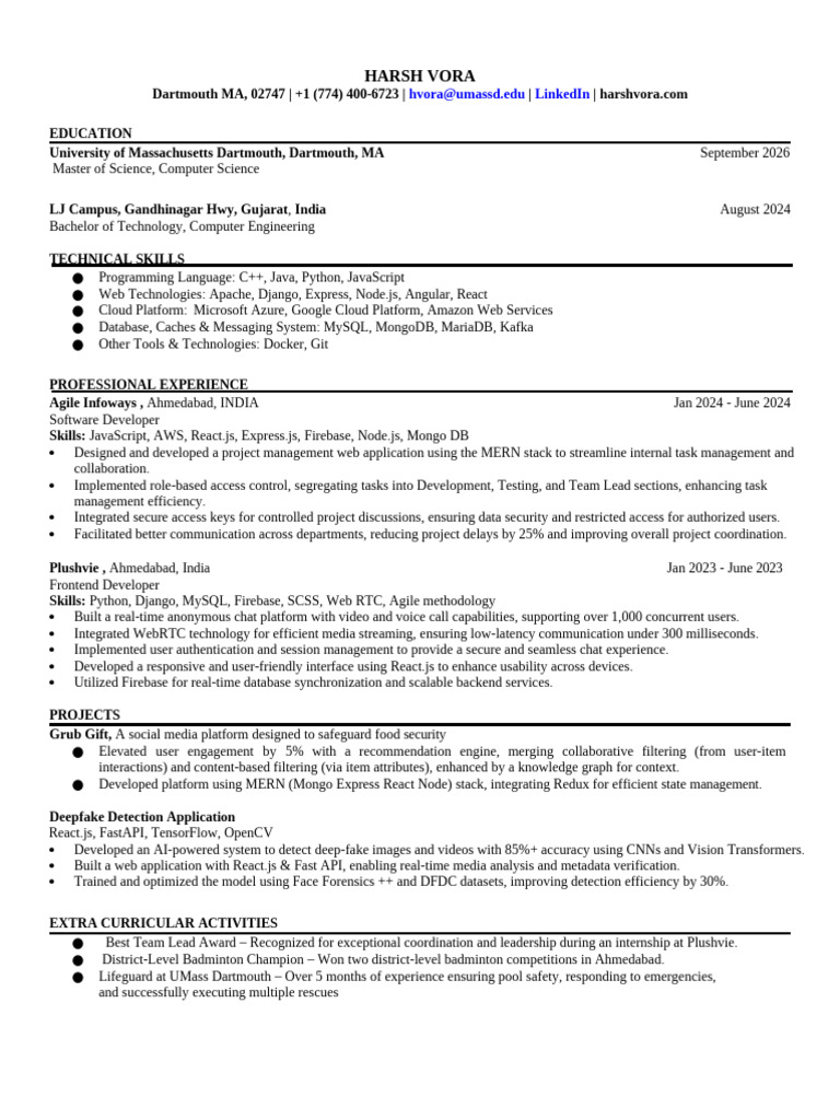 HARSH VORA RESUME | PDF | My Sql | Usability