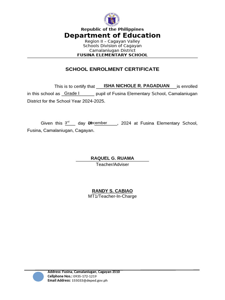 Fusina Elementary School Enrollment Certificate | PDF