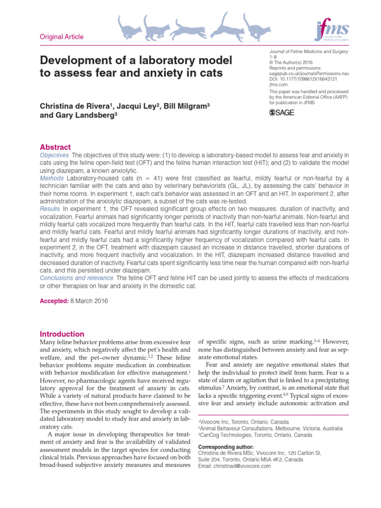 Development of A Laboratory Model To Assess Fear and Anxiety in Cats ...
