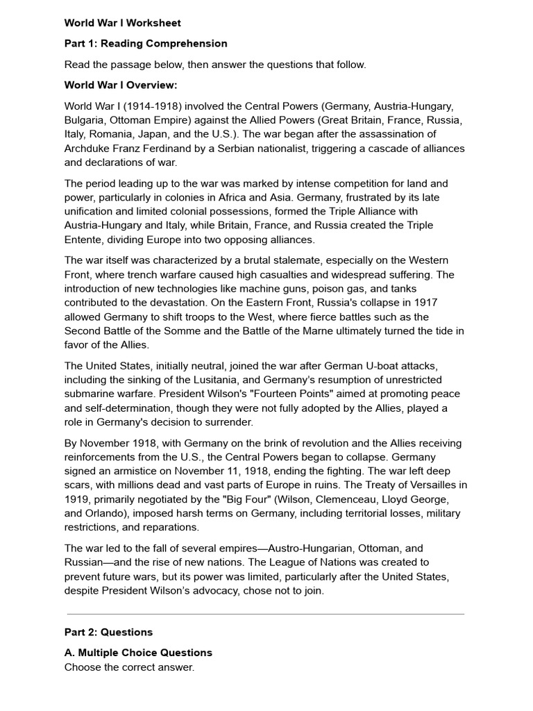 World War I Worksheet, Final Review Exam | PDF | World War I | Allies ...