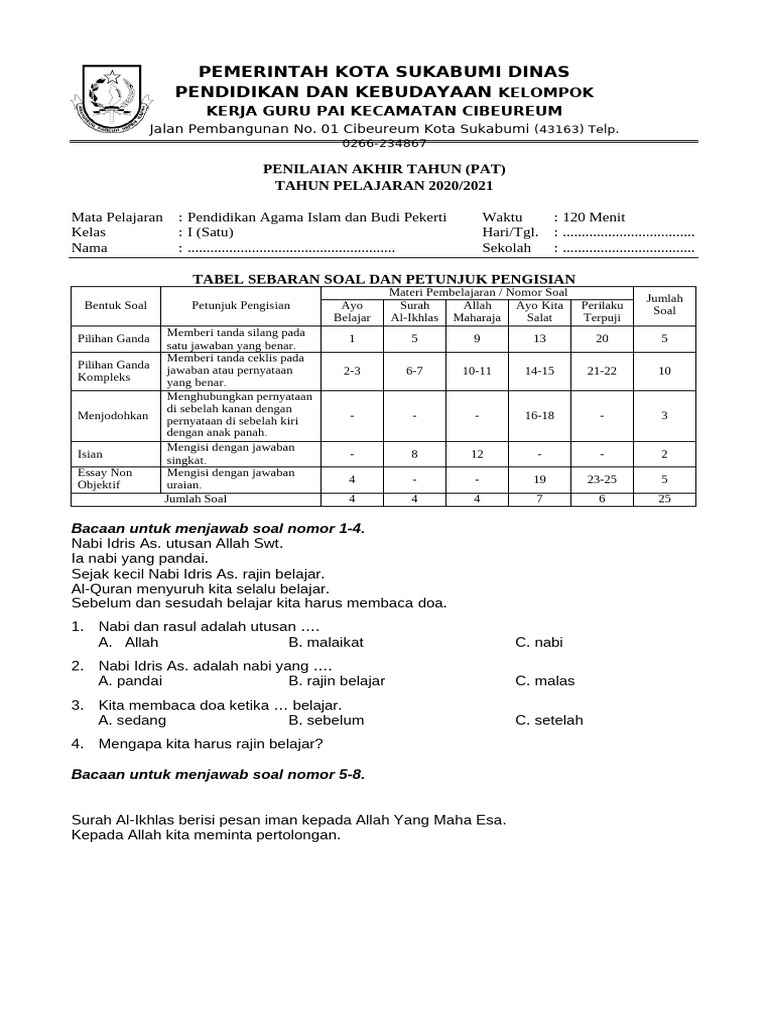PAT PAI Kelas 1 EDIT | PDF