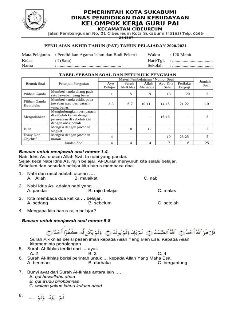 PAT PAI Kelas 1 EDIT | PDF