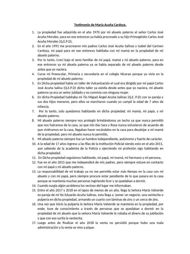 Testimonio sobre el cuidado familiar y herencia | PDF