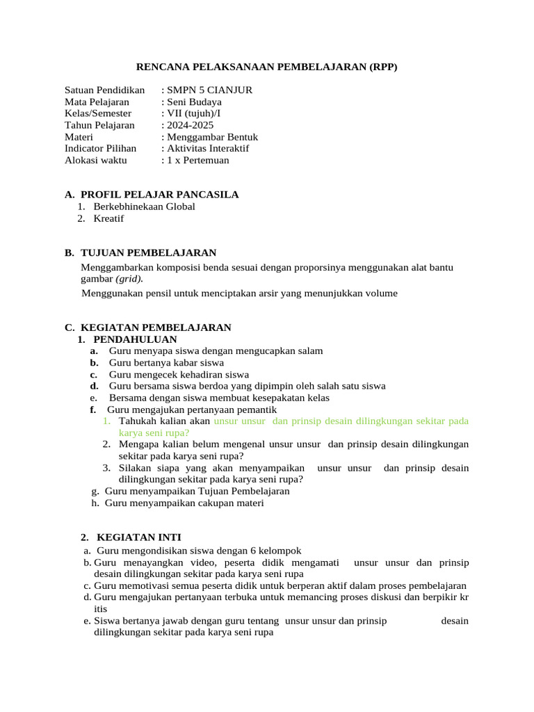 Rpp Seni Budaya Kls 7 Saepuloh 2 | PDF