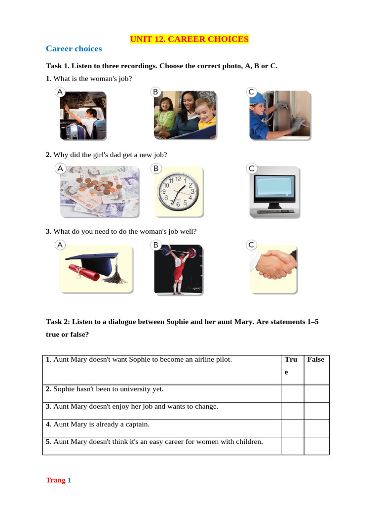 Bai Tap Anh 9 Global Unit 12 CAREER CHOICES | PDF