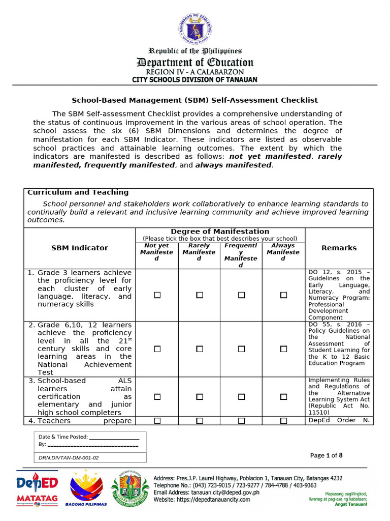 School Based Management SBM Self Assessment Checklist With Legal ...