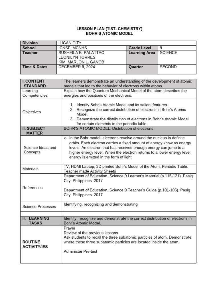 Lesson Plan - Bohr's Model For TIST | PDF | Atomic Orbital | Electron