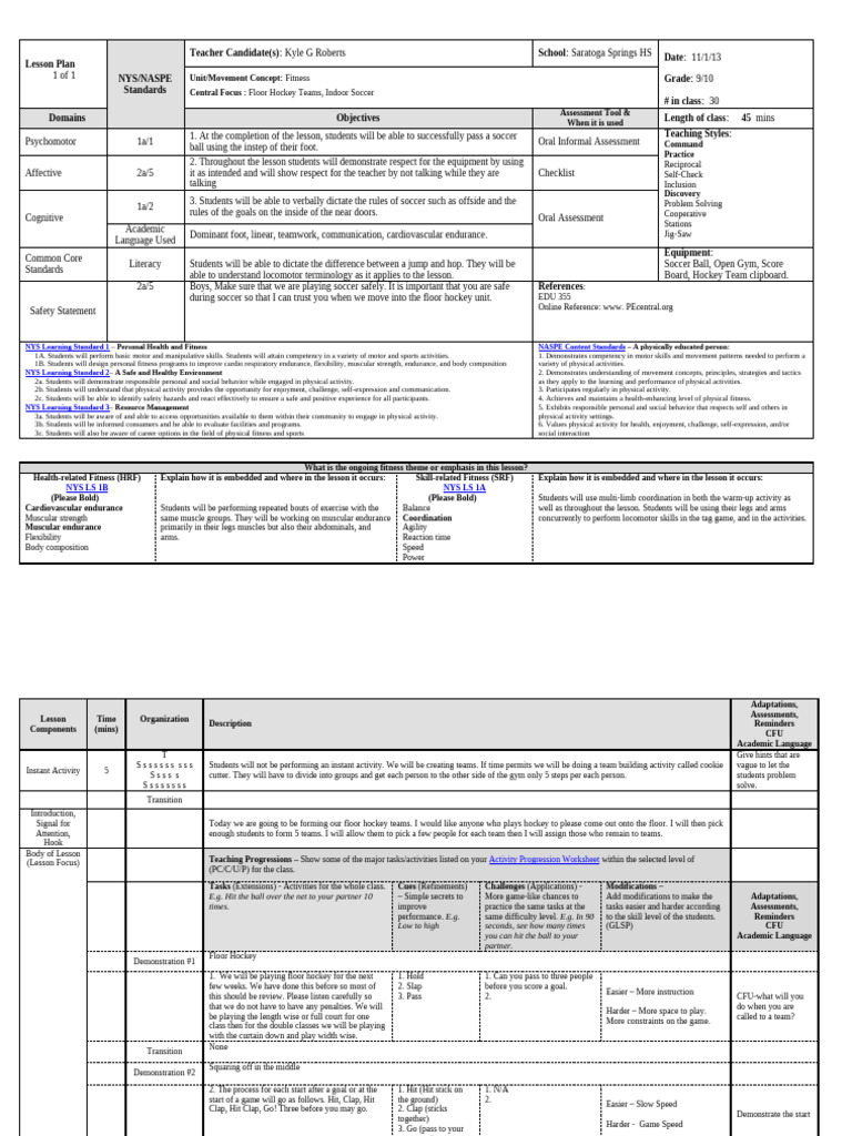 Lesson Plan Nys/Naspe Standards Teacher Candidate(s) : School: Date ...