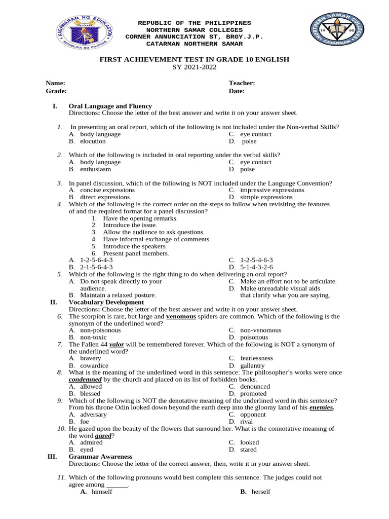 1st Achievement Test English 10 | PDF | Hector | Achilles