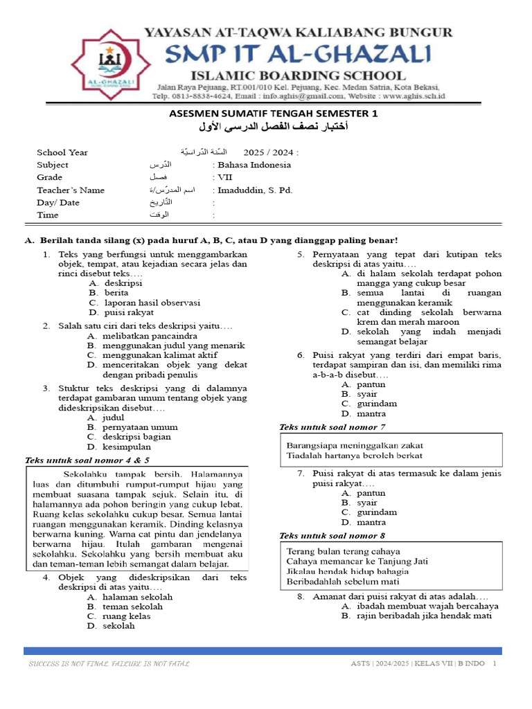 Soal Asesmen Sumatif Tengah Semester Bahasa Indonesia Kelas VII | PDF