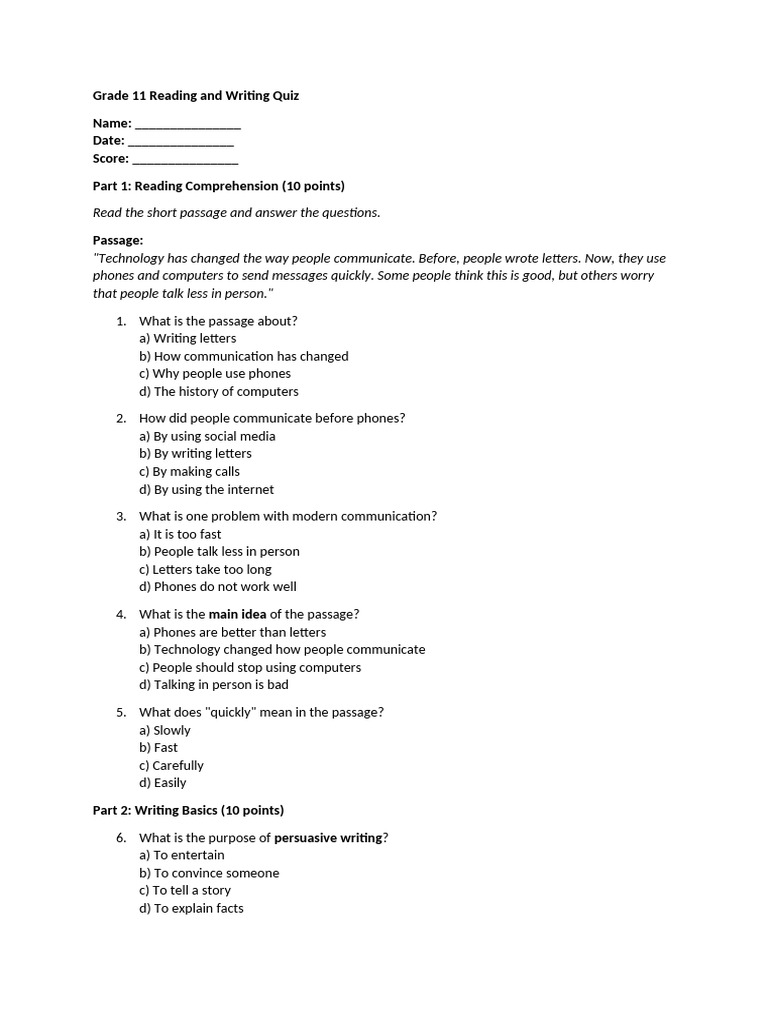 Grade 11 Reading and Writing Quiz | PDF | Communication | Human ...