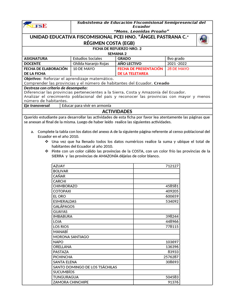 2 Ficha de Refuerzo Eess 8vo Grado | PDF | Ecuador