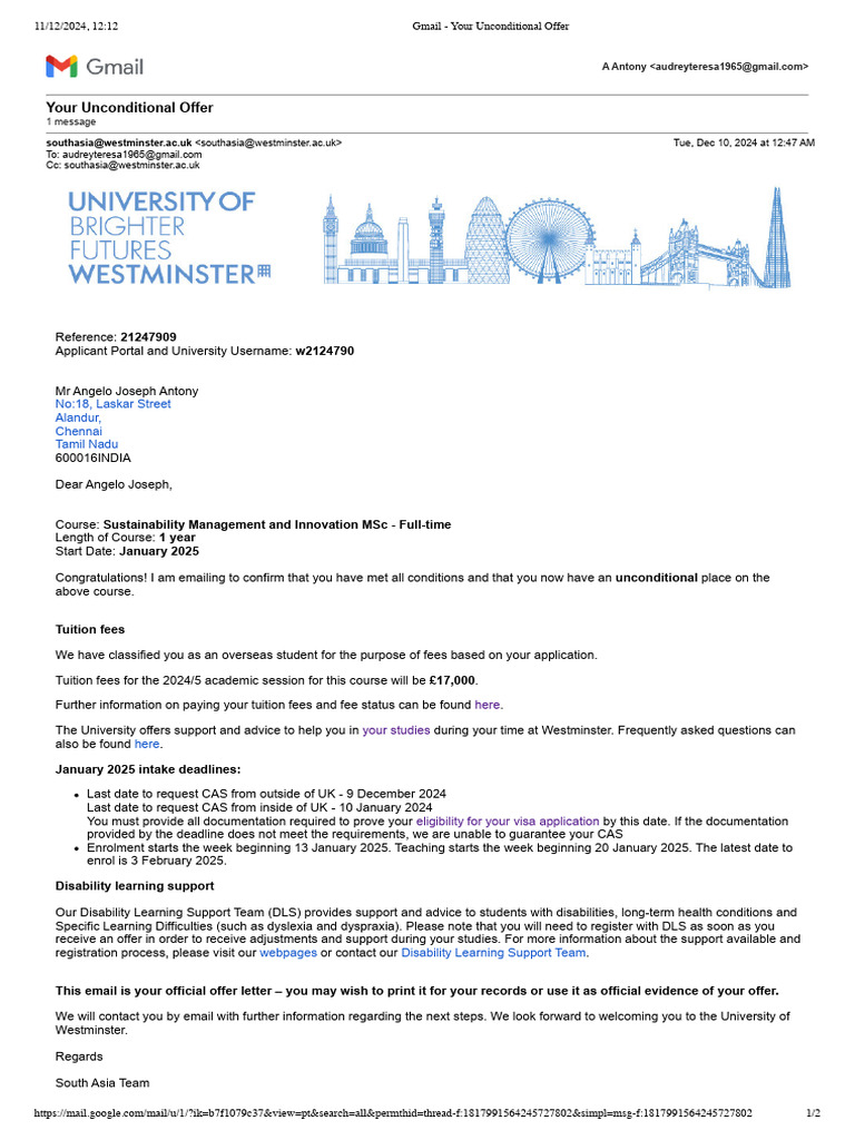 Unconditional Offer UOW-1 | PDF