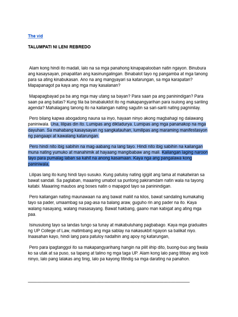 Talumpati Ni Leni Robredo | PDF