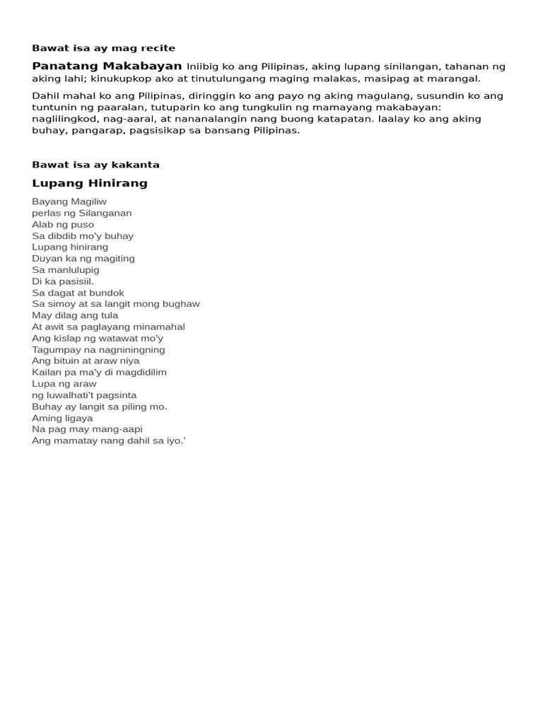 Panatang Makabayan at Lupang Hinirang | PDF