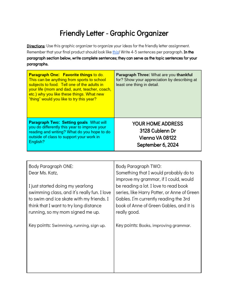 Friendly Letter Graphic Organizer | PDF