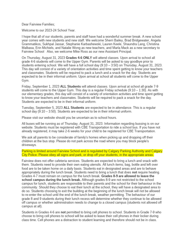 Welcome Back Letter 23 24 | PDF