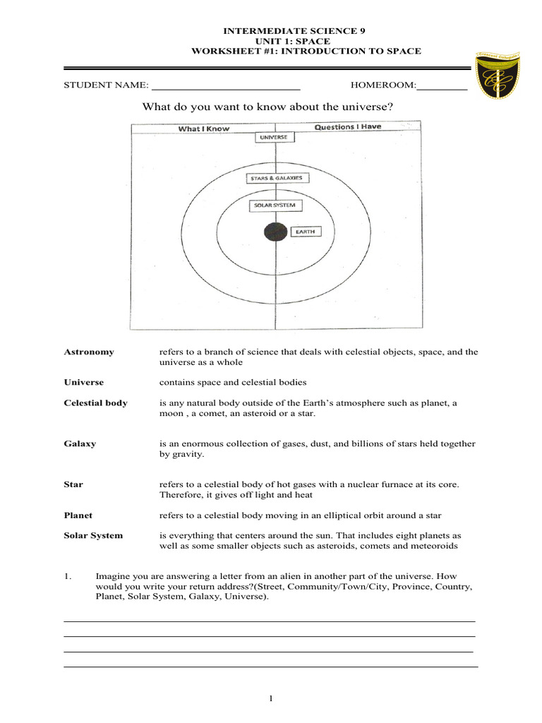 Science 9 Unit 1 Space Worksheet 1 Introduction To Space | PDF