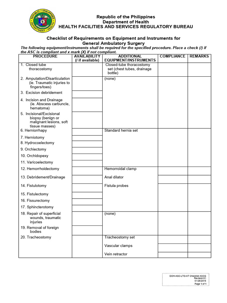 Ambulatory Surgery Equipment Checklist | PDF