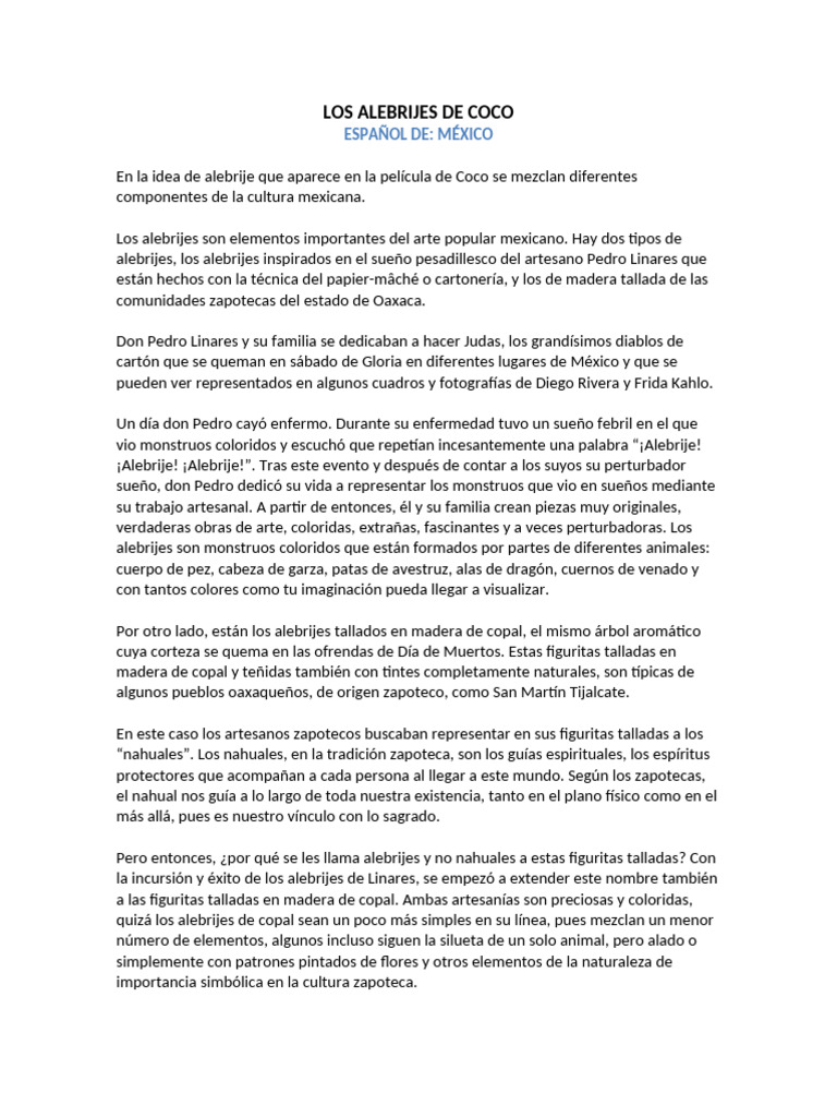 Lectura 1 - Los Alebrijes de Coco | PDF