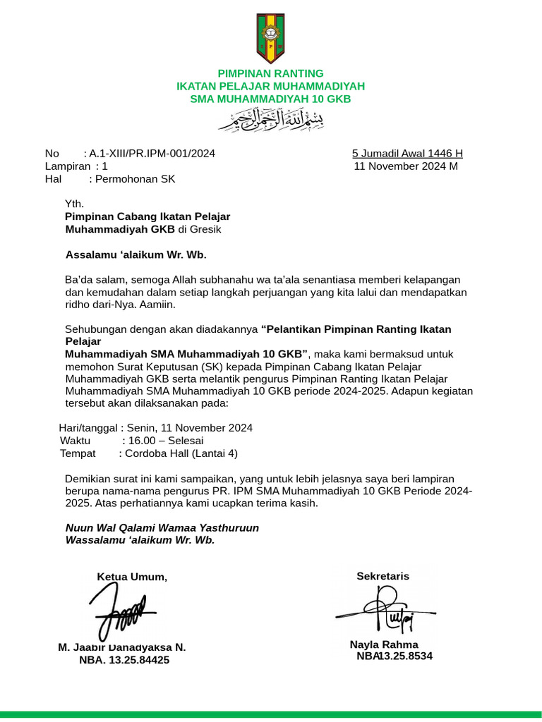Permohonan SK Pelantikan IPM SMA 10 GKB | PDF