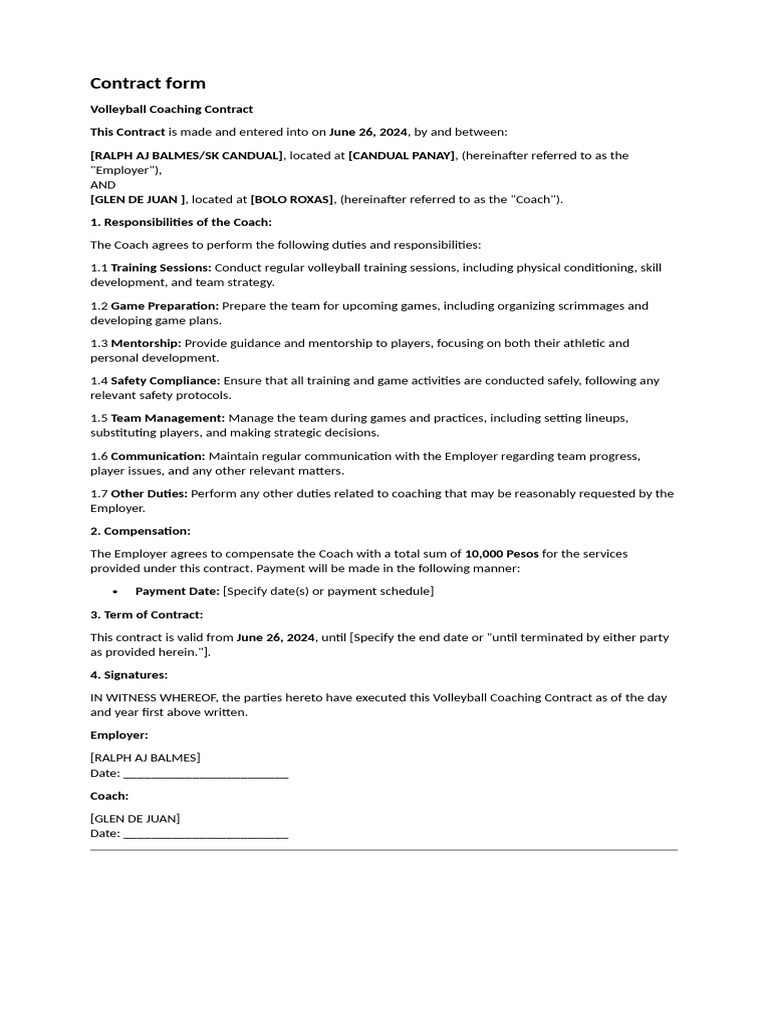 Volleyball Coaching Contract Template | PDF