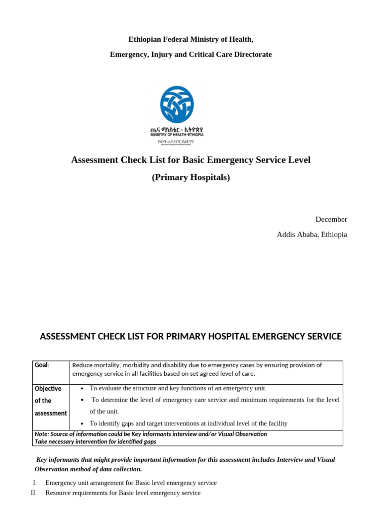 Emergency Service Assessment Checklist | PDF | Emergency Department