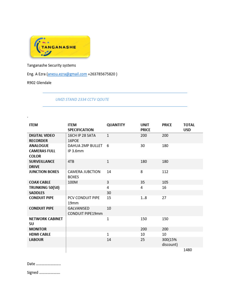 CCTV Installation Quote Breakdown | PDF