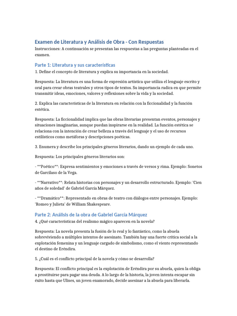 Examen Literatura Gabriel Garcia Marquez Respuestas | PDF | Poesía