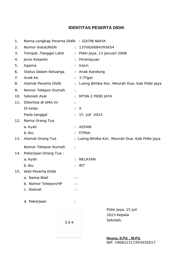 IDENTITAS RAPOR Izatin | PDF