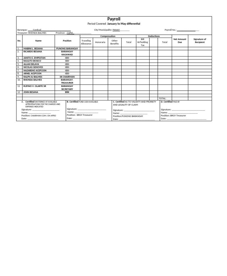 Payroll Barangay Diff | PDF | Payroll | Taxes
