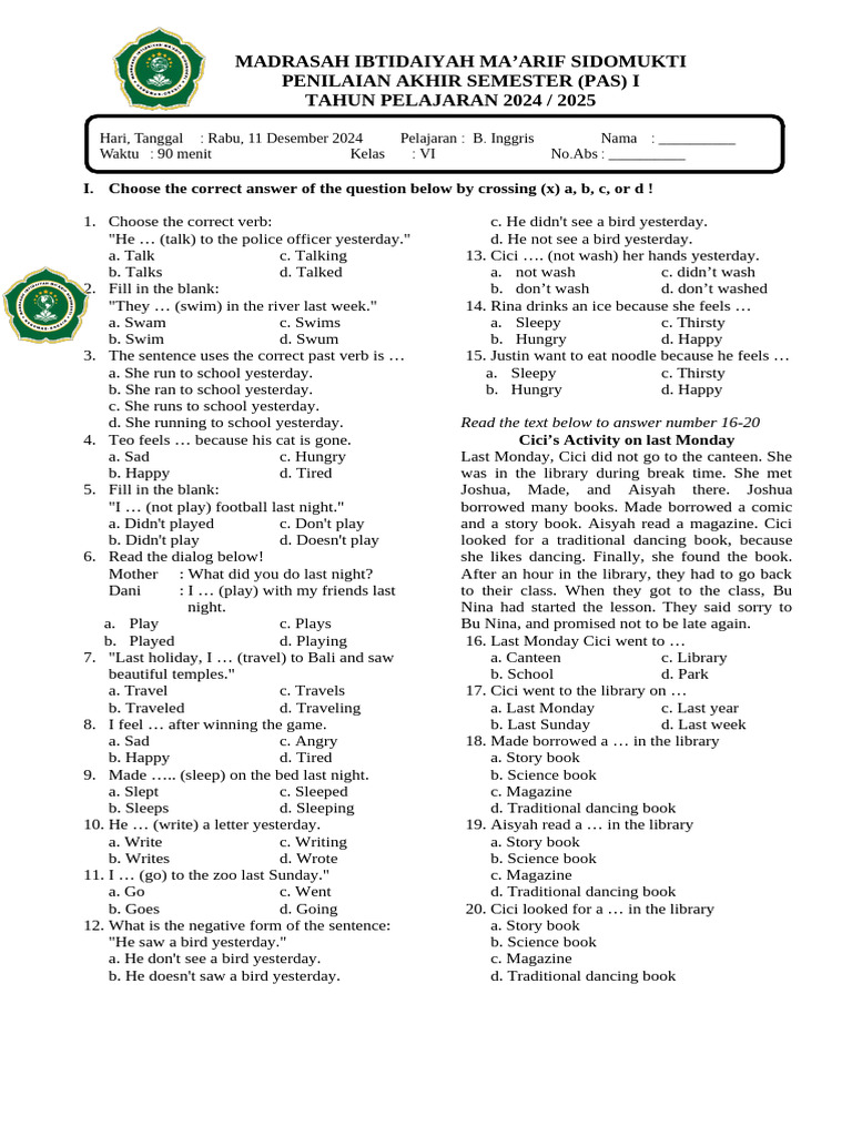 Soal Pas 1 KLS 6 Bing 24-25 | PDF