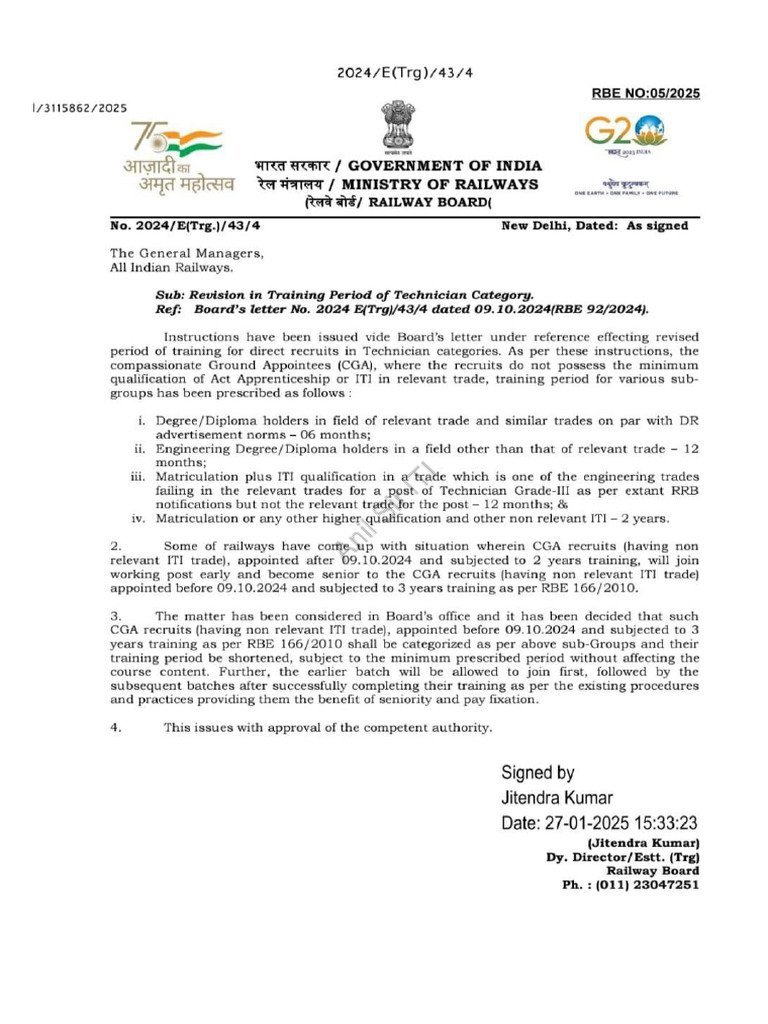 RRB Technician Revision of Training Notice | PDF