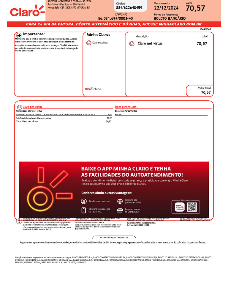 Fatura Claro ACCIONA FILIAL 03 | PDF | Bancos | Finanças pessoais