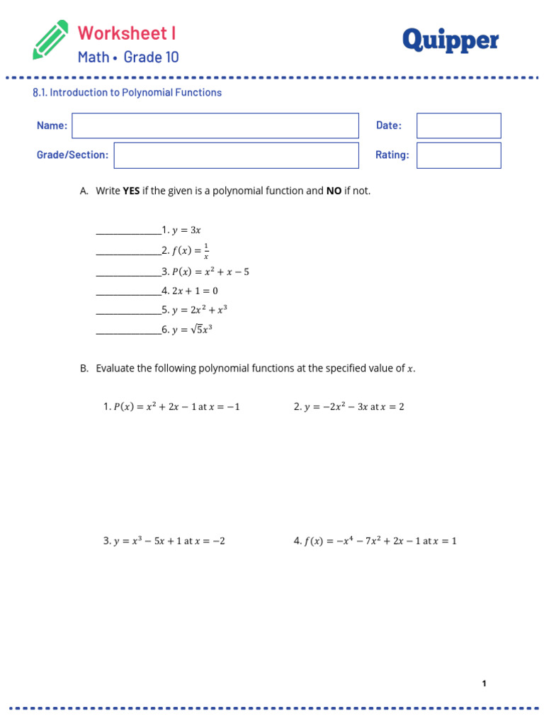 Grade 10 Polynomial Functions Worksheet | PDF