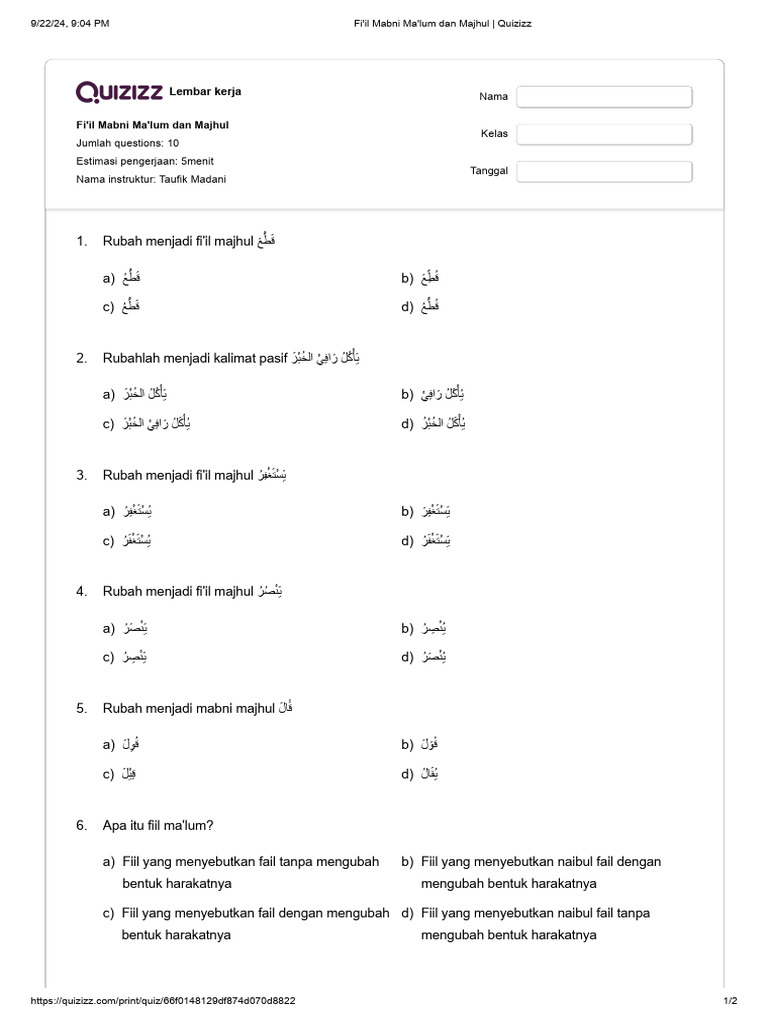 Contoh Fi'il Mabni Ma'lum dan Majhul | PDF