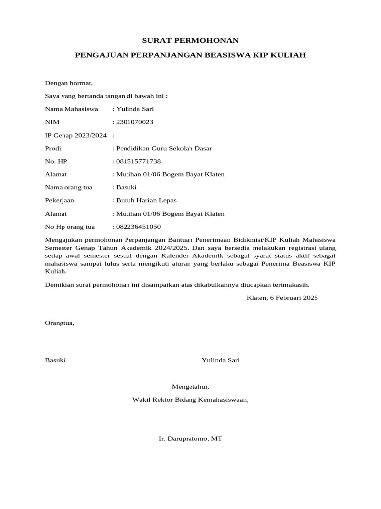 SURAT Permohonan Pengajuan Kembali Kip | PDF