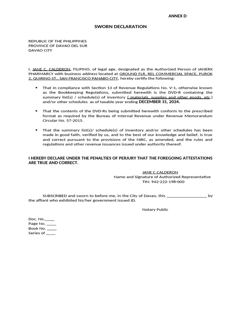 Sworn Declaration for Inventory Submission | PDF