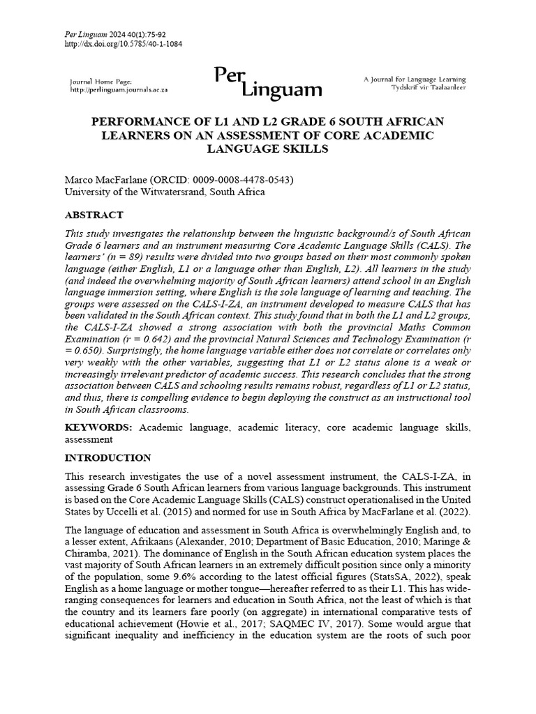 Performance of L1 and L2 Grade 6 South African Learners On An Assessment of Core Academic ...